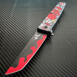 9” Cute Red Monster Mini Katana Spring Assisted Open Blade Folding ...