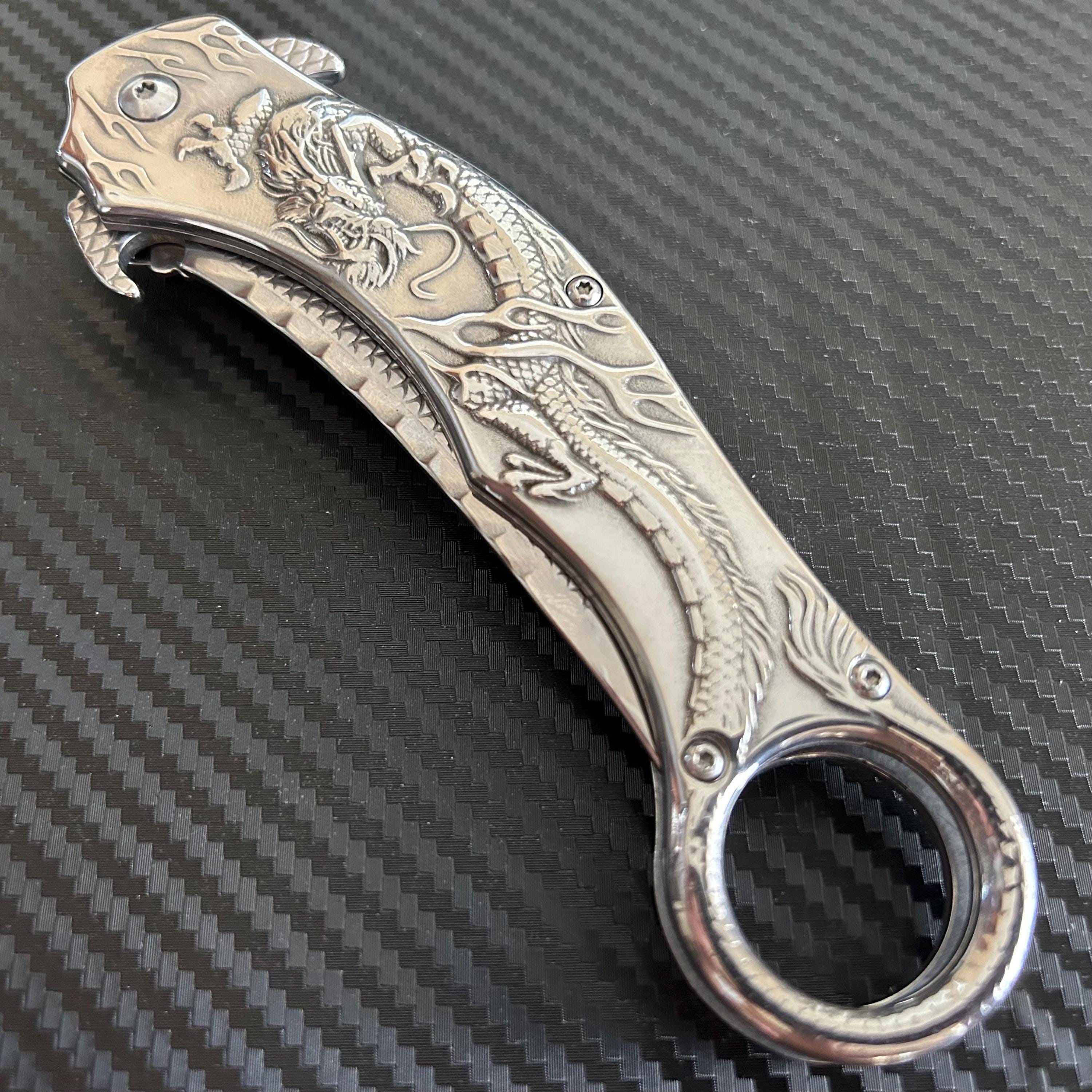 9” Silver Dragon Cute Karambit Spring Assisted Open Folding Pocket ...