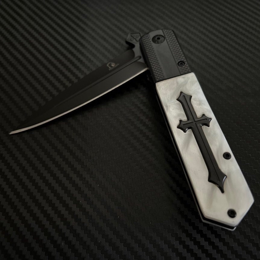 9” Black Pearl Cross Cute Knife Spring Assisted Open Blade Folding ...