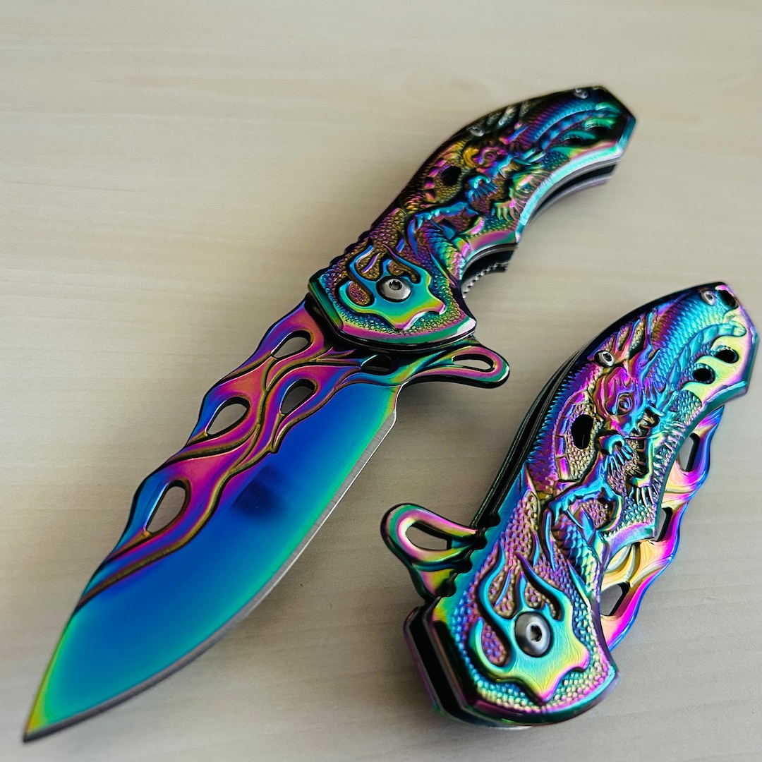 8” Rainbow Dragon Tactical Spring Assisted Folding Pocket Knife. Hunting, Camping, Cute Knife ...
