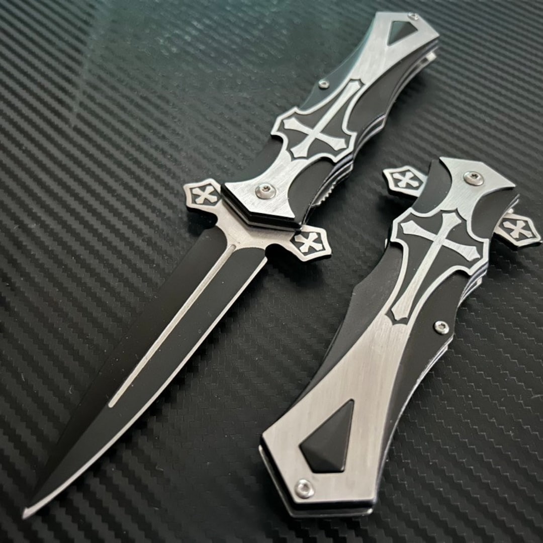 9” Black Cross Cute Knife Spring Assisted Open Blade Folding Pocket ...