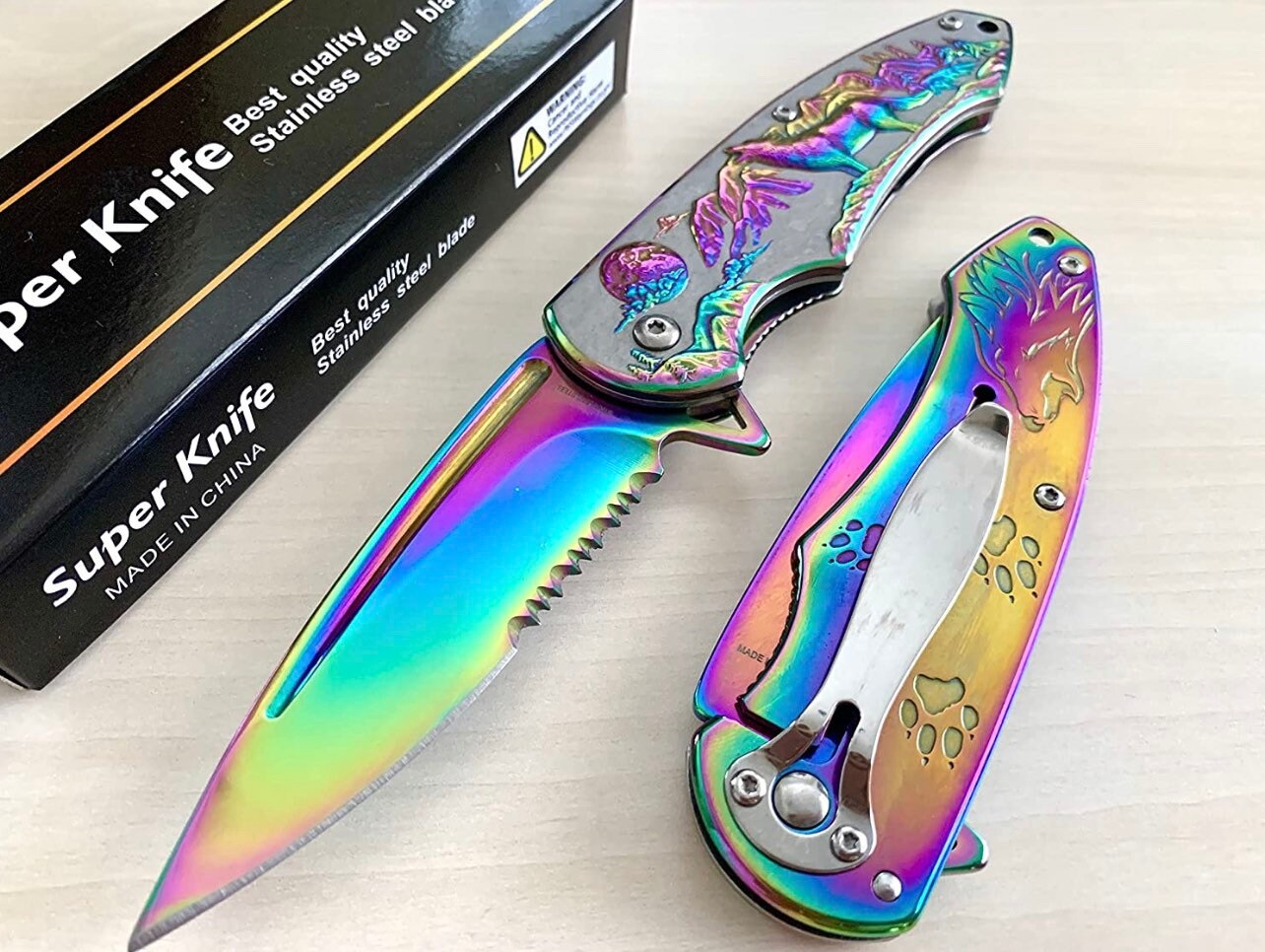 8 Rainbow Wolf Tactical Spring Assisted Open Blade Folding - Etsy