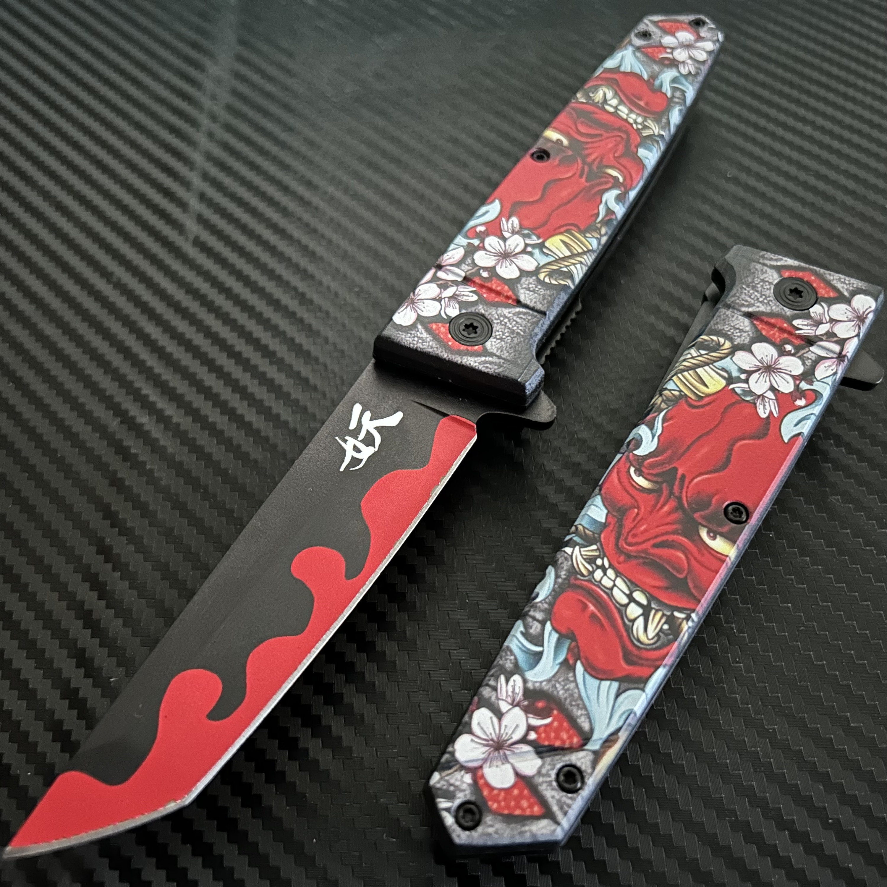 9” Cute Red Monster Mini Katana Spring Assisted Open Blade Folding ...