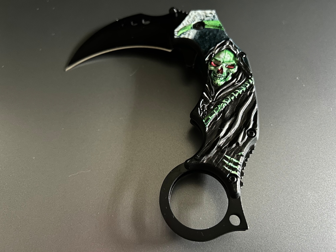7” Green Skull Grim Reaper Tactical Claw Karambit Assisted Open Folding ...
