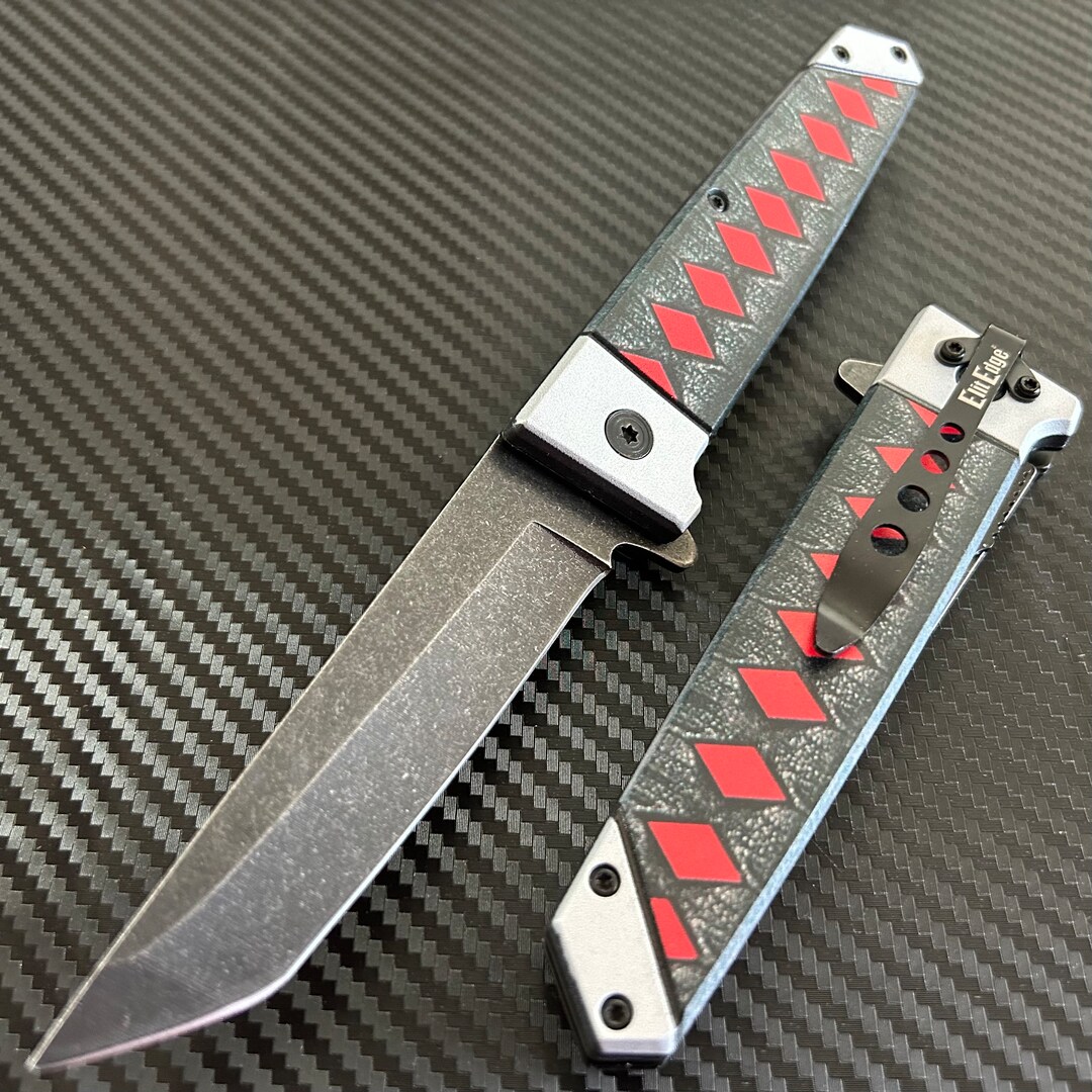 9” Cute Black Red Mini Katana Spring Assisted Open Blade Folding Pocket ...