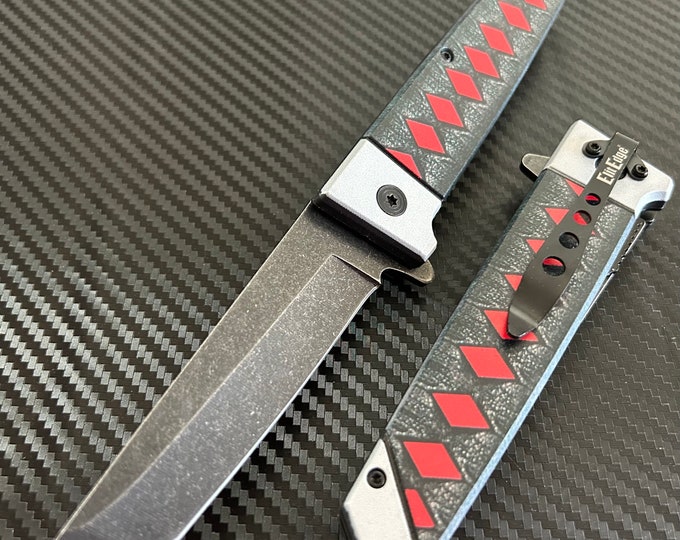 9” Cute Black Red Mini Katana Spring Assisted Open Blade Folding Pocket ...