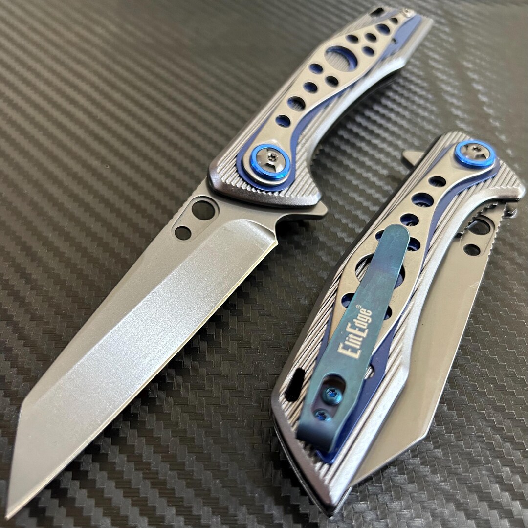 8” Blue Titanium Color Coated Spring Assisted Open Folding Pocket Knife ...