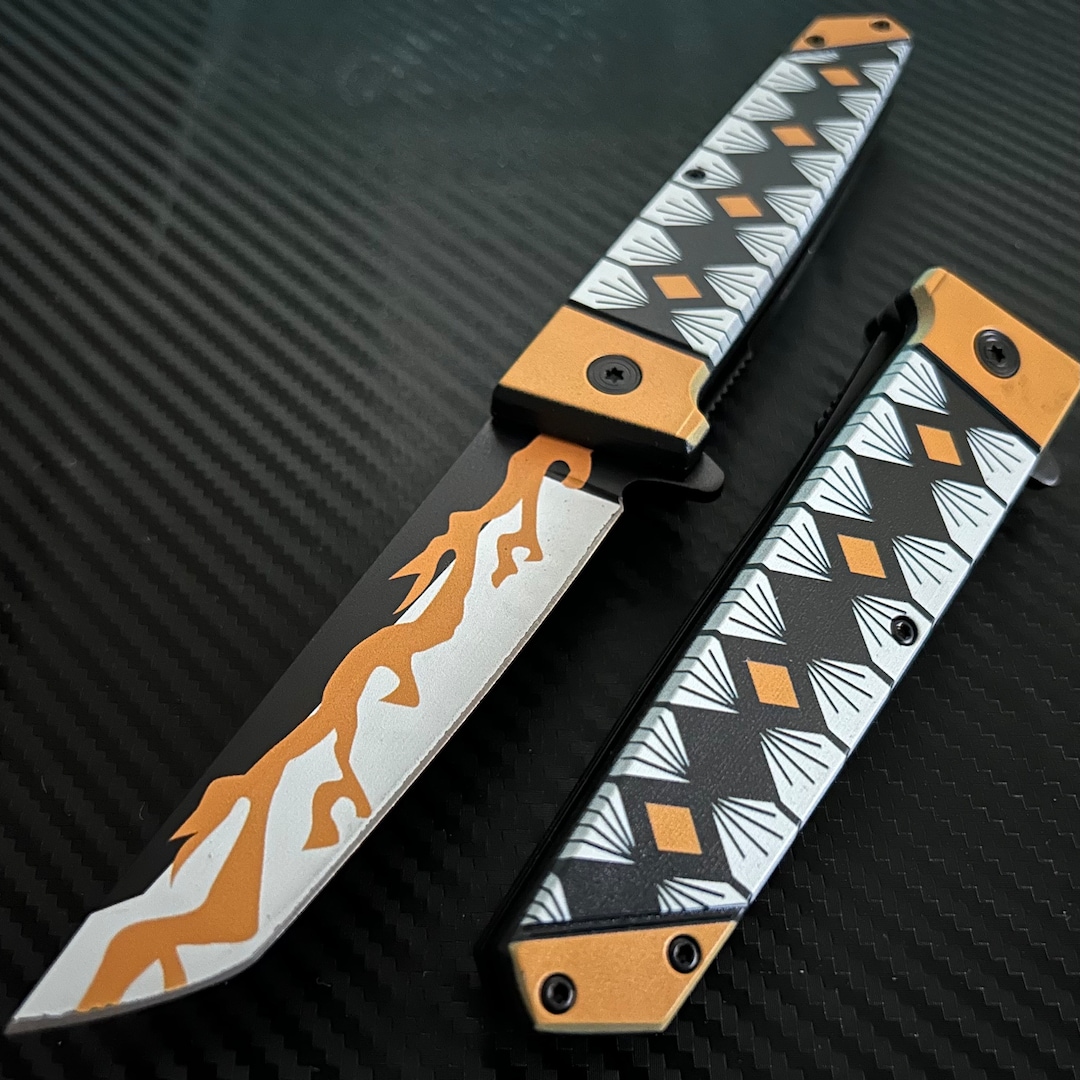 9” Cute Yellow Flame Mini Katana Spring Assisted Open Blade Folding ...