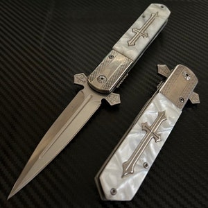 9” Pearl Cross Cute Knife Spring Assisted Open Blade Folding Pocket ...