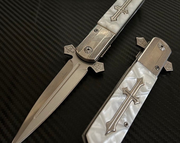 9” Pearl Cross Cute Knife Spring Assisted Open Blade Folding Pocket ...