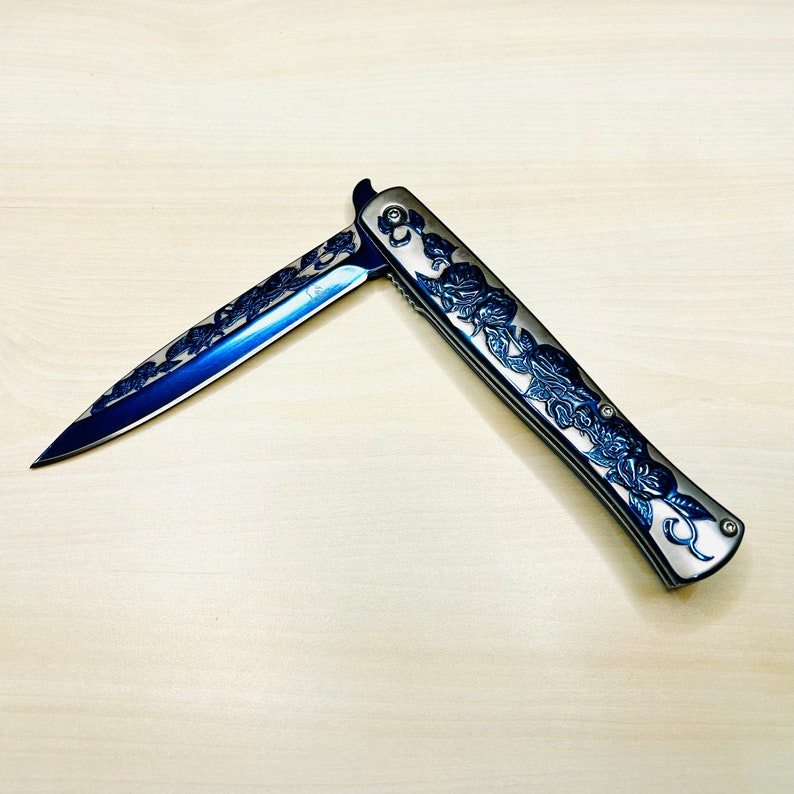 9 Black Rose Engraved Cute Spring Assisted Open Blade Folding - Etsy