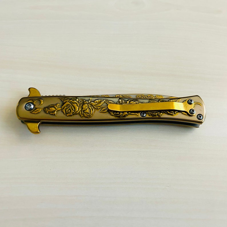 9 Gold Rose Engraved Cute Spring Assisted Open Blade Folding - Etsy