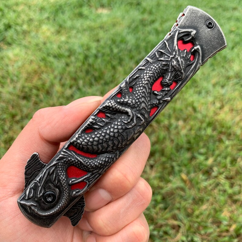 8.75 Dragon Engraved Red Cute Knife Tactical Spring Assisted - Etsy