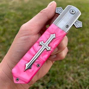 9” Pink Cross Cute Knife Spring Assisted Open Blade Folding Pocket ...