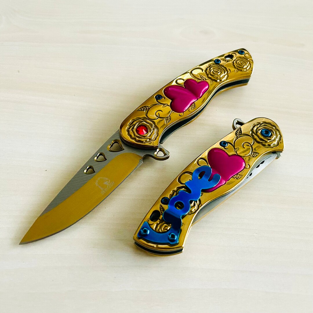 7 Gold Heart Cute Knife Spring Assisted Open Blade Folding Pocket Knife ...