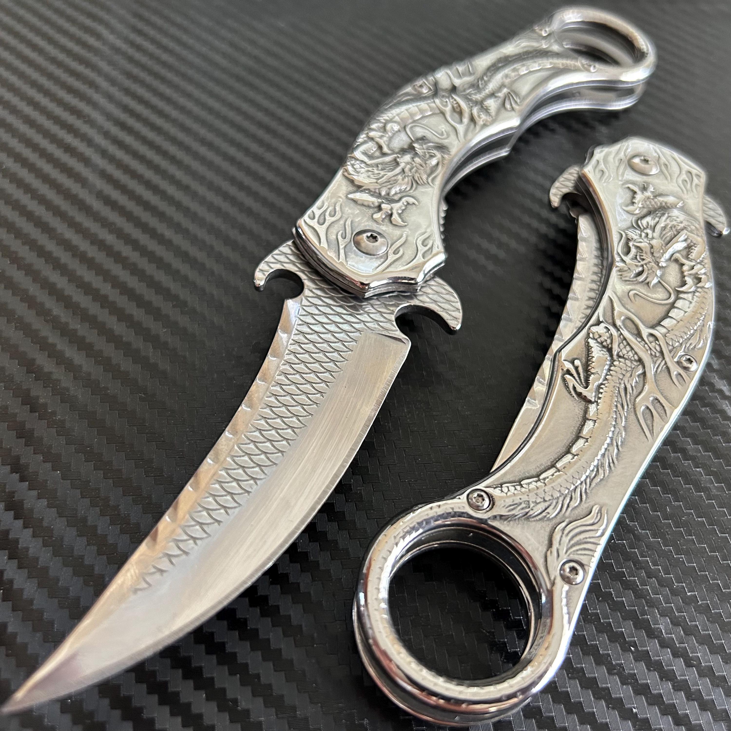 9” Silver Dragon Cute Karambit Spring Assisted Open Folding Pocket ...