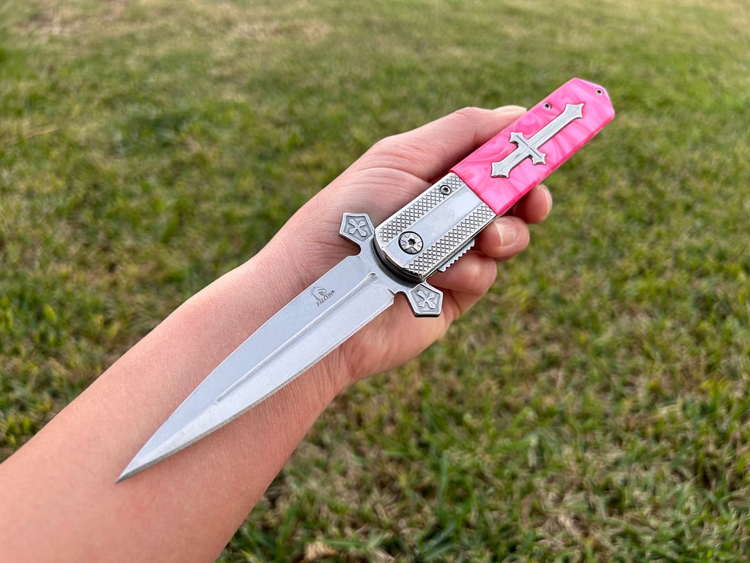 9” Pink Cross Cute Knife Spring Assisted Open Blade Folding Pocket ...