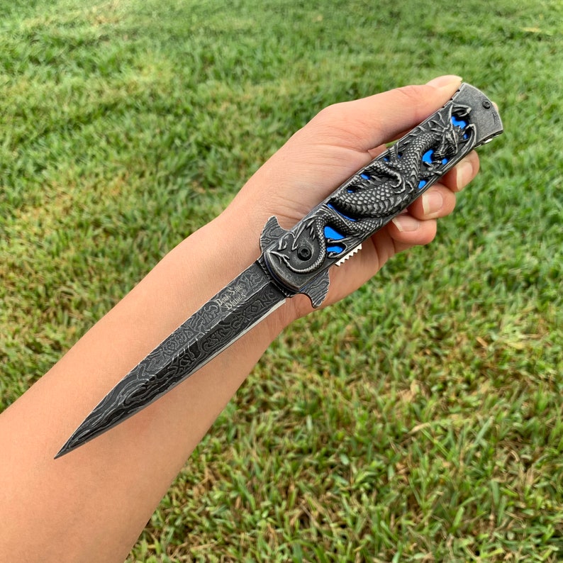 8.75 Dragon Engraved Blue Cool Knife Tactical Spring Assisted - Etsy