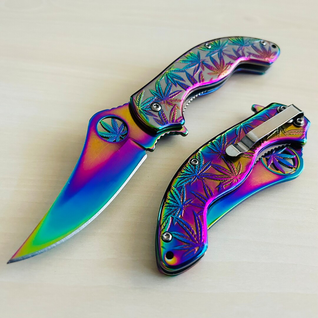 7.5” Rainbow Leaf Cute Knife Spring Assisted Open Blade Folding Pocket ...