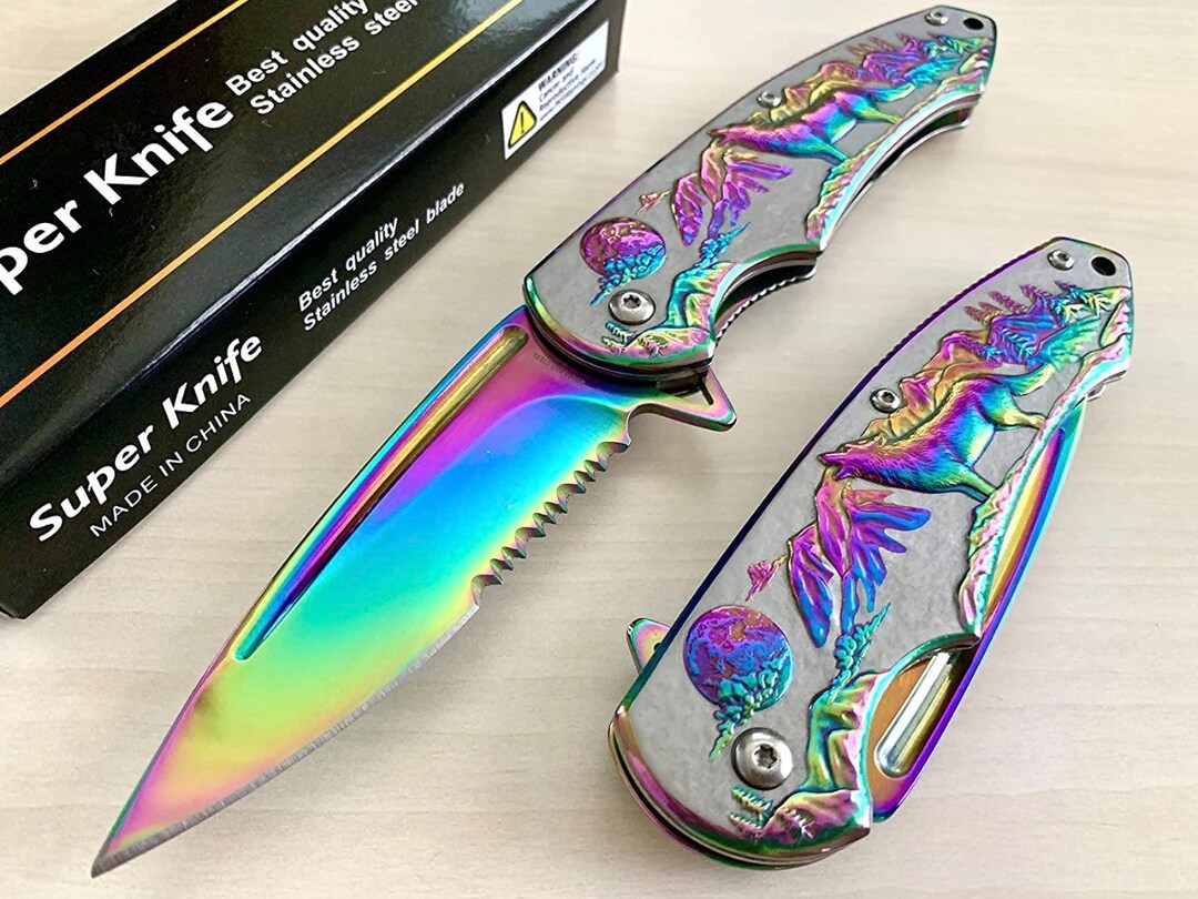 8 Rainbow Wolf Tactical Spring Assisted Open Blade Folding Pocket Knife ...
