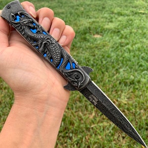 8.75 Dragon Engraved Blue Cool Knife Tactical Spring Assisted Folding ...