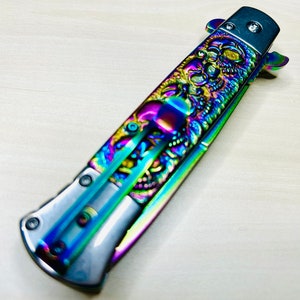 9 Rainbow Skull Tactical Cool Knife Spring Assisted Open Blade Folding ...