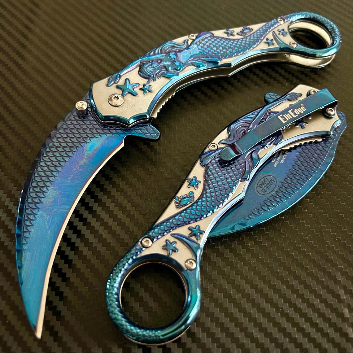 Blue Mermaid Sculpture 9” Karambit Tactical Spring Assisted Folding ...