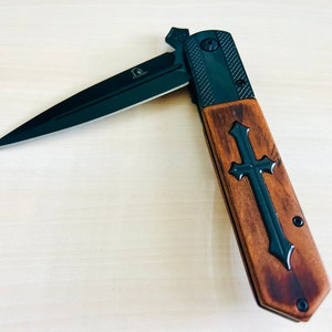 9” Black Cross Cute Knife Spring Assisted Open Blade Folding Pocket ...