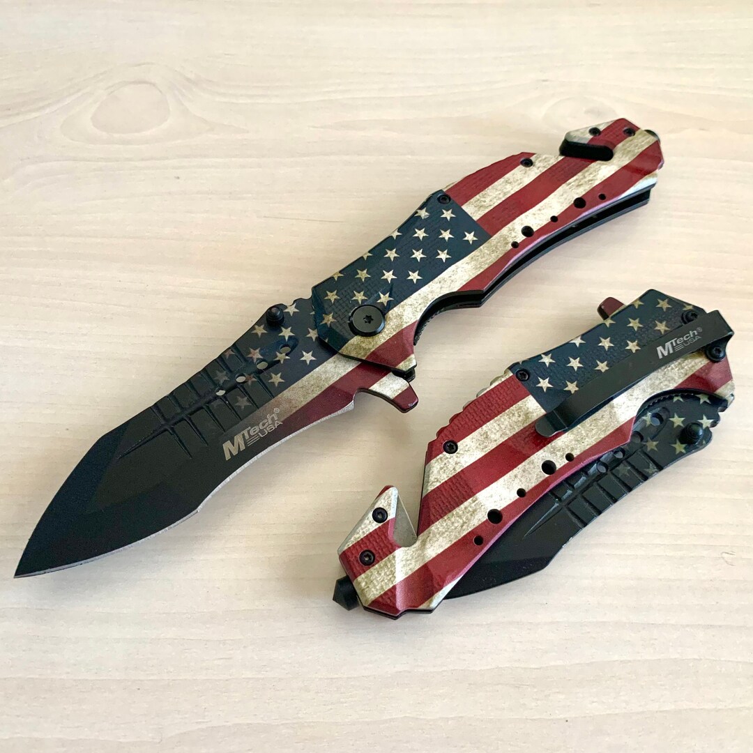 9” Tactical USA Flag Jumbo Spring Assisted Open Blade Folding Pocket ...