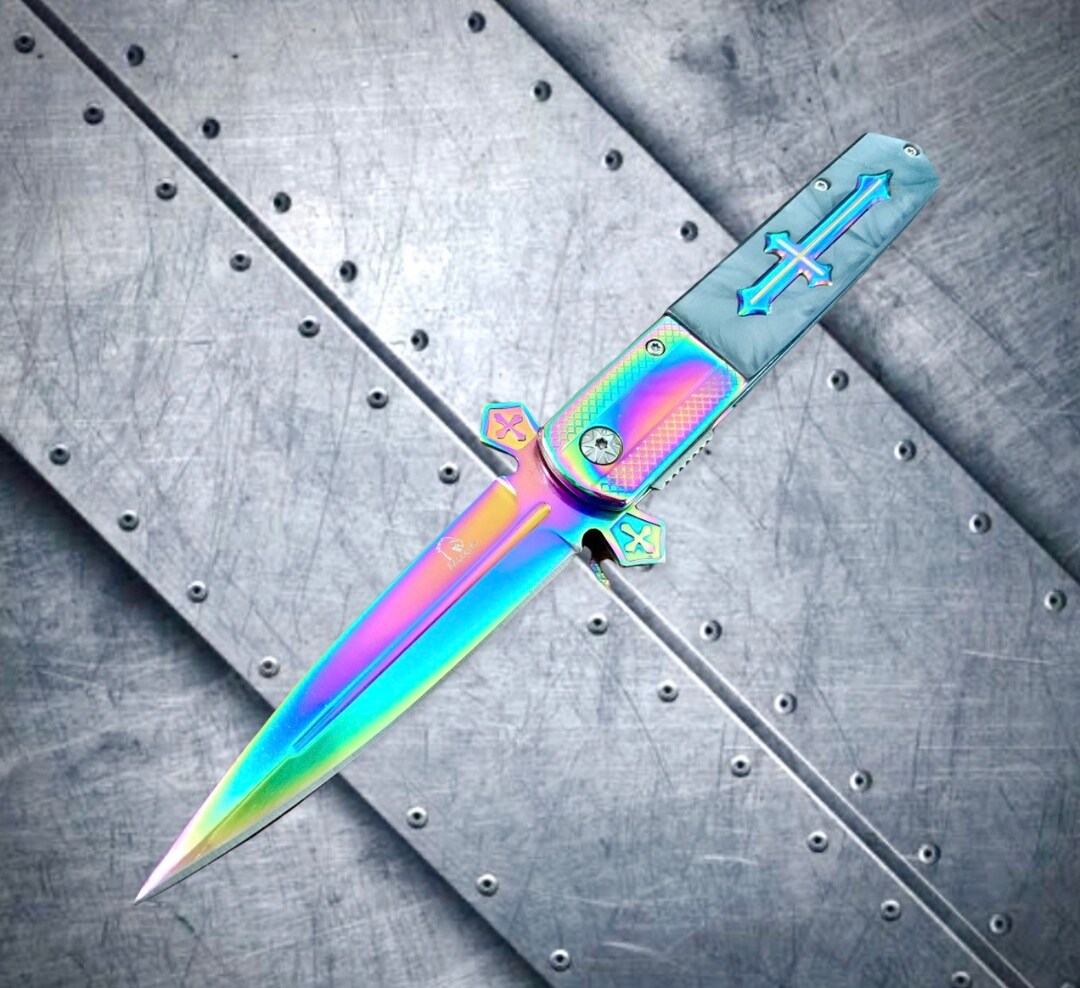 Collectible Rainbow Cross 9” Cool Pocket Knife. Spring Assisted Open ...
