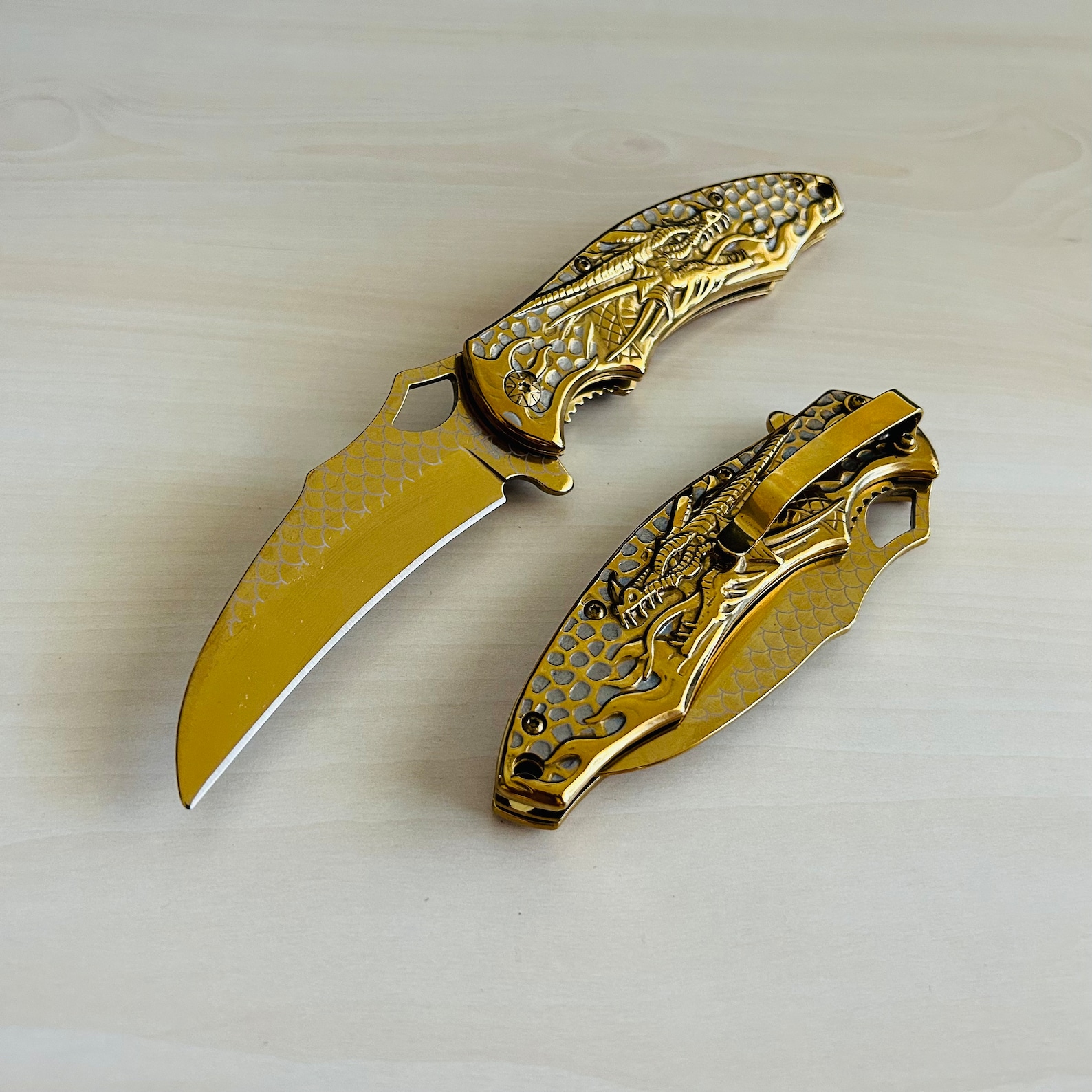 8.5 Luxury Gold Dragon Karambit Tactical Spring Assisted - Etsy