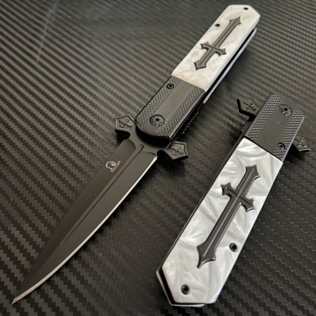 9” Black Pearl Cross Cute Knife Spring Assisted Open Blade Folding ...