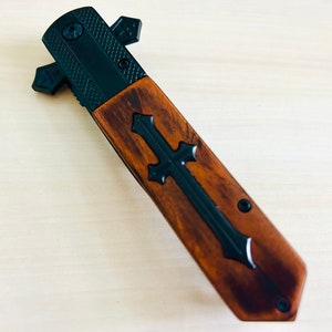 9” Black Cross Cute Knife Spring Assisted Open Blade Folding Pocket ...