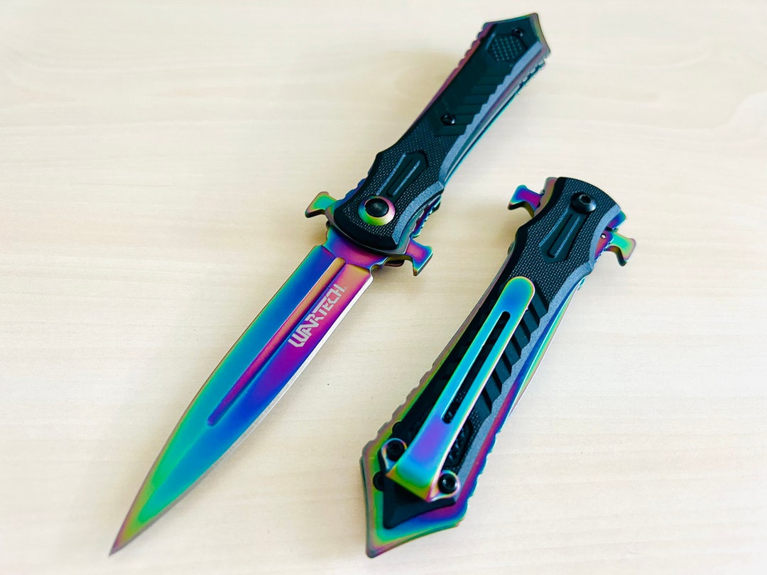 8” Rainbow Military Tactical Cool Knife Spring Assisted Open Blade ...