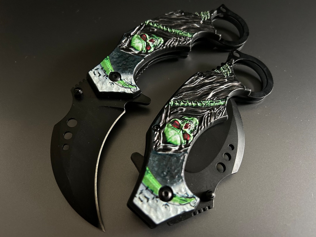 7” Green Skull Grim Reaper Tactical Claw Karambit Assisted Open Folding ...