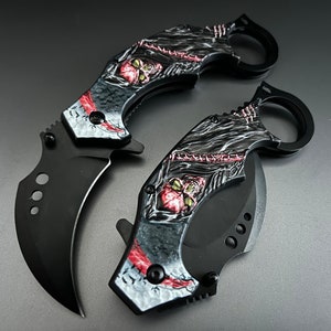 7” Red Skull Grim Reaper Tactical Claw Karambit Assisted Open Folding ...