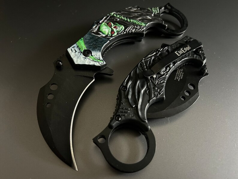7” Green Skull Grim Reaper Tactical Claw Karambit Assisted Open Folding ...