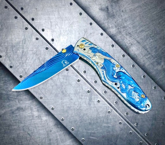 Mermaid Knife With Dolphin and Waves 3D Carve. Blue Color | Etsy