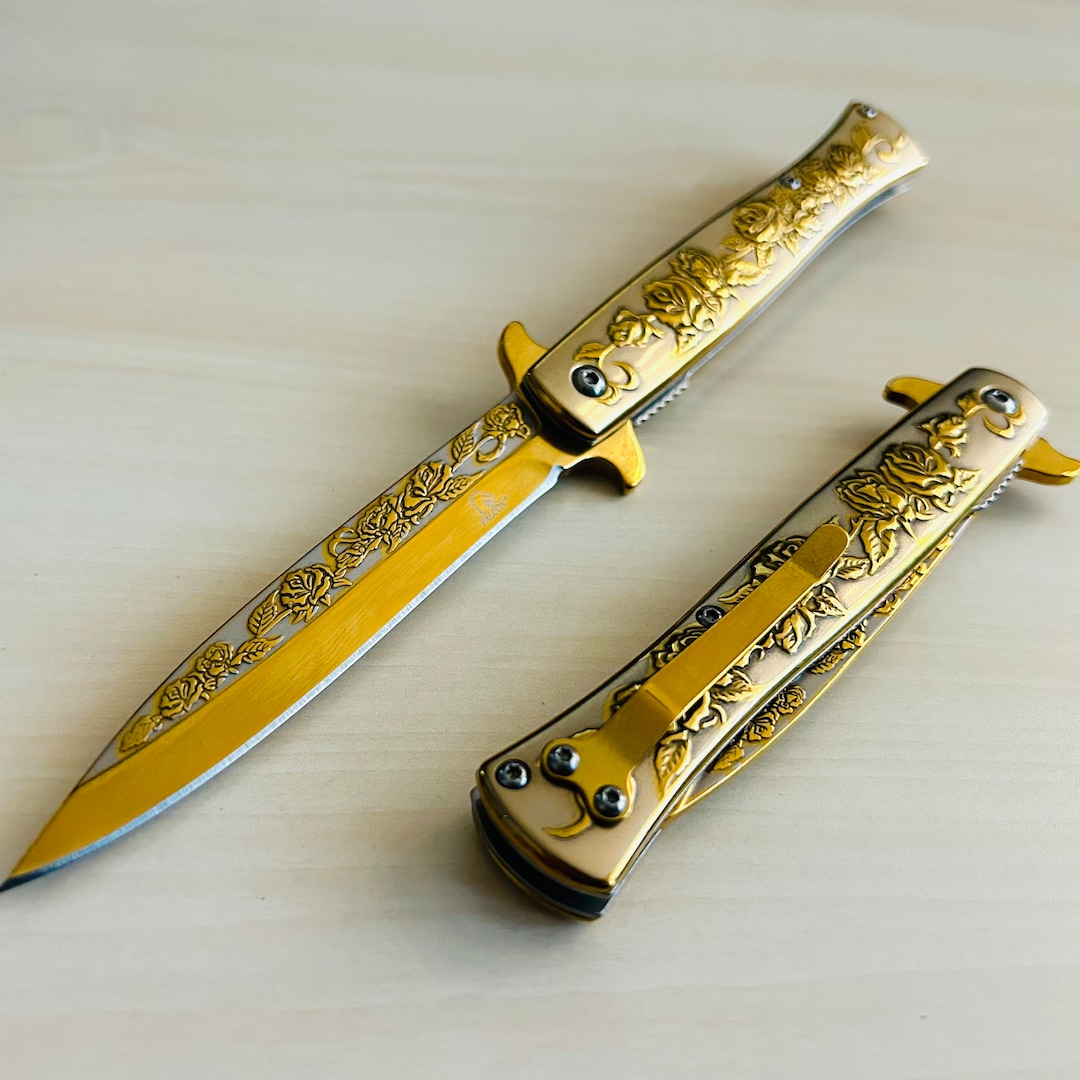9” Gold Rose Engraved Cute Spring Assisted Open Blade Folding Pocket Knife. Hunting, Camping ...