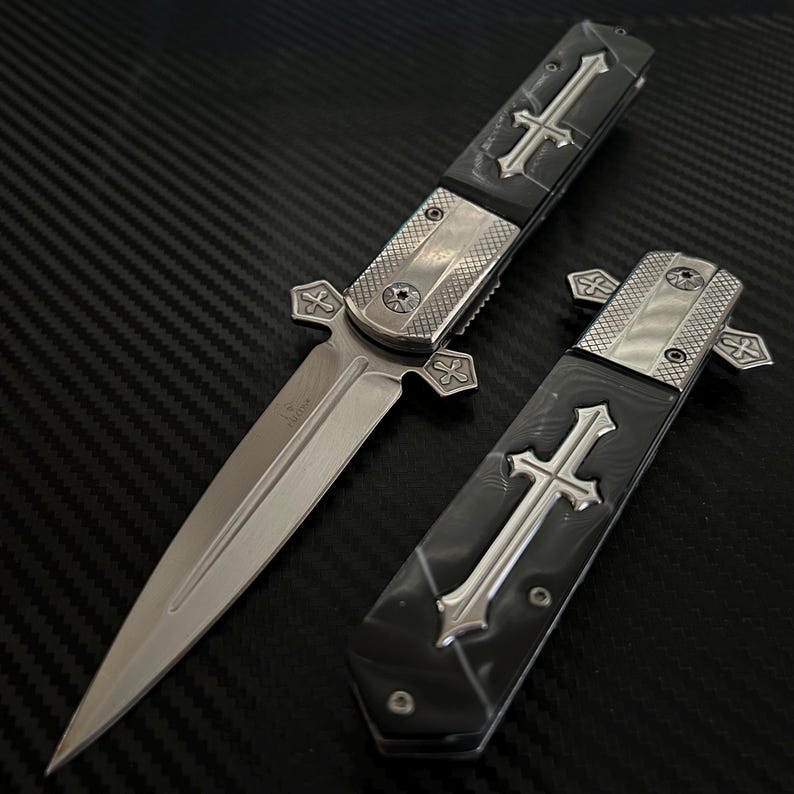 9” Black Cross Cute Knife Spring Assisted Open Blade Folding Pocket ...