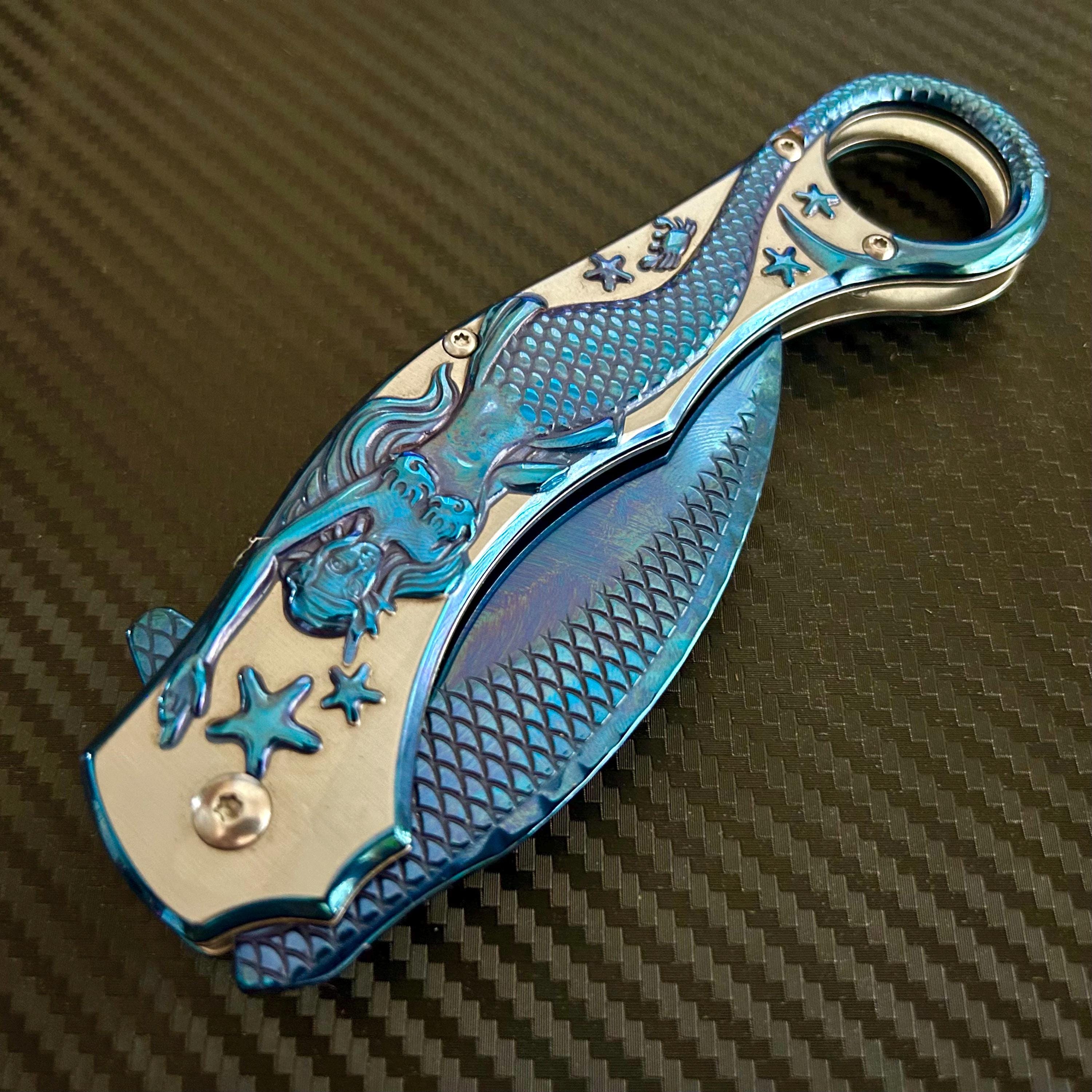 Blue Mermaid Sculpture 9” Karambit Tactical Spring Assisted Folding ...