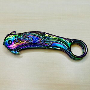 9” Rainbow Dragon Cute Karambit Spring Assisted Open Folding Pocket ...