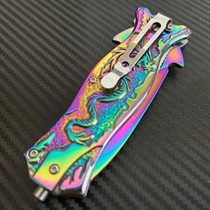 8” Rainbow Dragon Sculptured Tactical Spring Assisted Open Blade ...