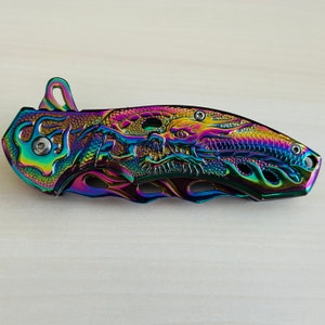 8” Rainbow Dragon Tactical Spring Assisted Folding Pocket Knife ...