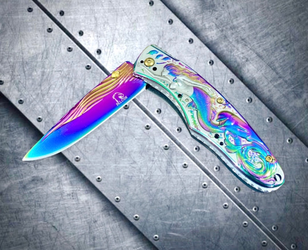 Mermaid Knife With Dolphin and Waves 3D Carve. Rainbow Color Coated ...