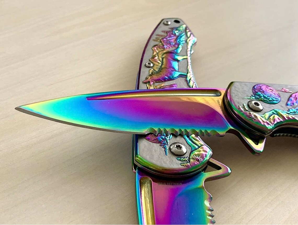 8 Rainbow Wolf Tactical Spring Assisted Open Blade Folding - Etsy