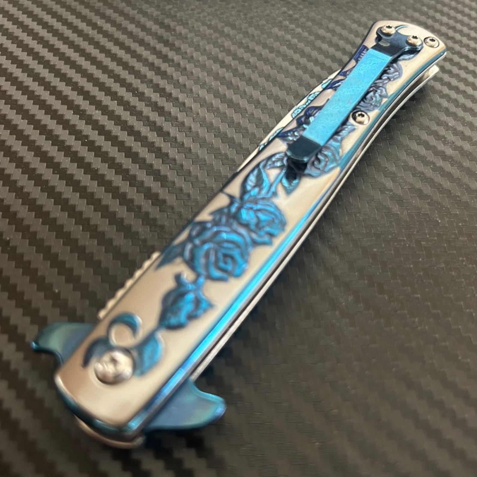 9 Blue Rose Engraved Cute Spring Assisted Open Blade Folding Pocket ...