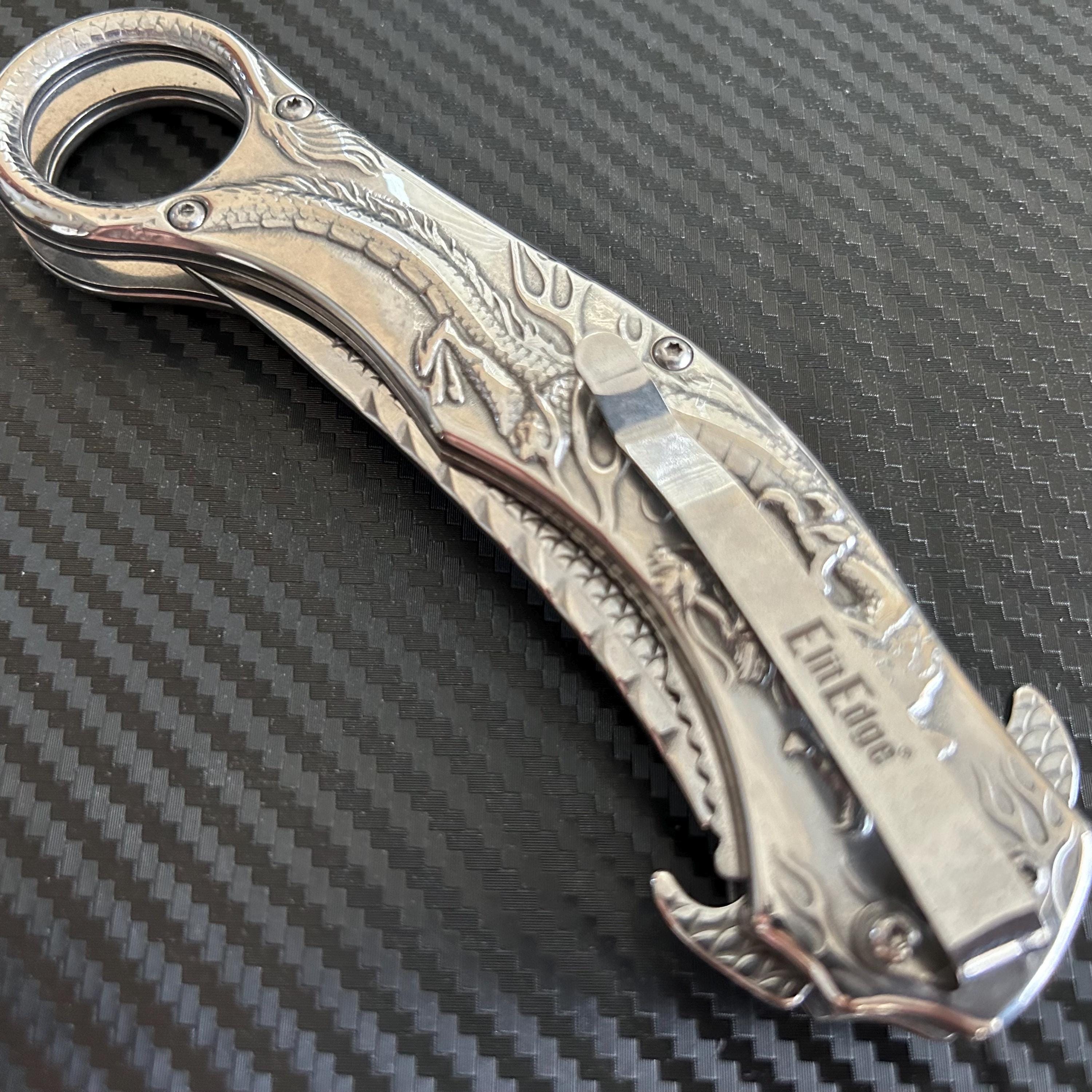 9” Silver Dragon Cute Karambit Spring Assisted Open Folding Pocket ...