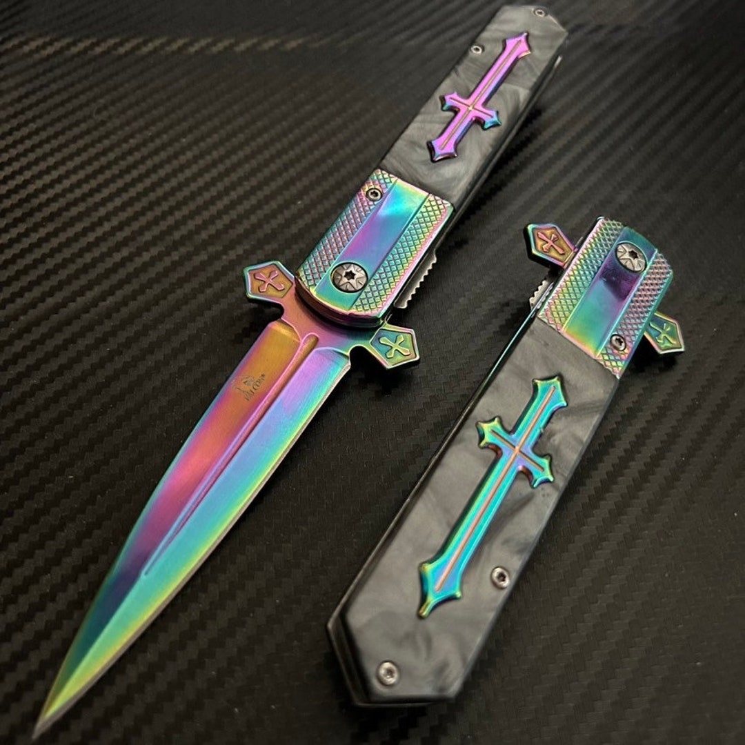 Rainbow Cross 9” Cool Knife Pocket Knife. Spring Assisted Open Folding ...