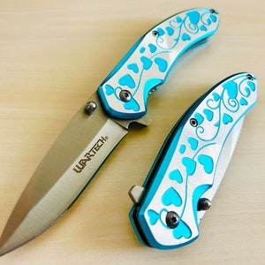 Blue Heart Engraving Cute Knife 7” Tactical Spring Assisted Folding ...